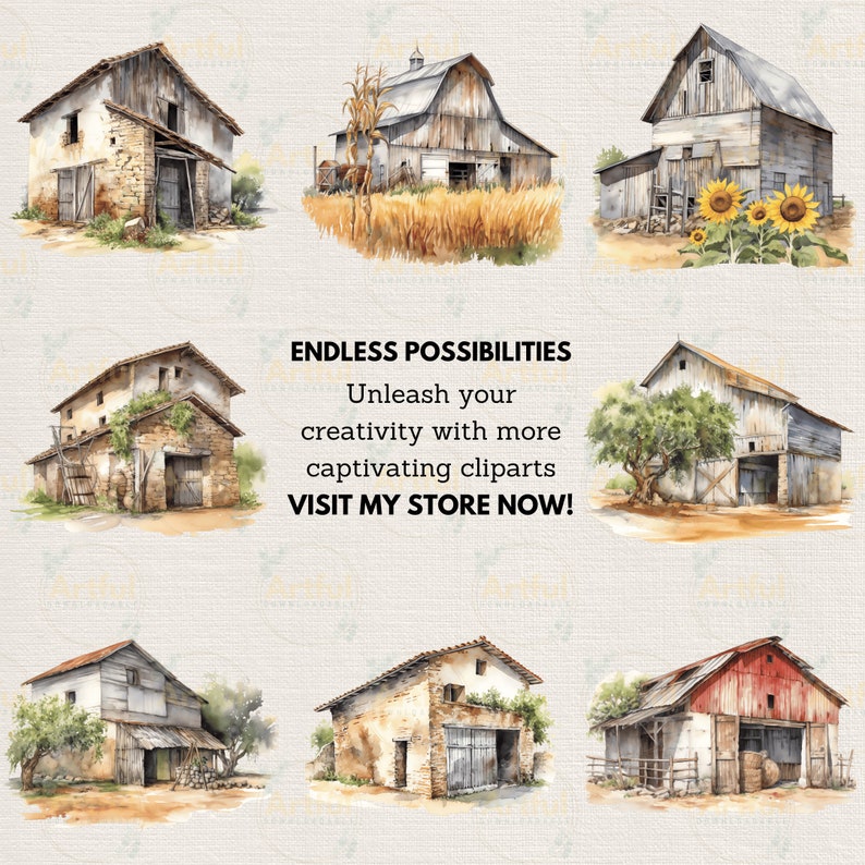 Rustic Farm Barn Watercolor Clipart PNG JPG Bundle Instant Digital ...