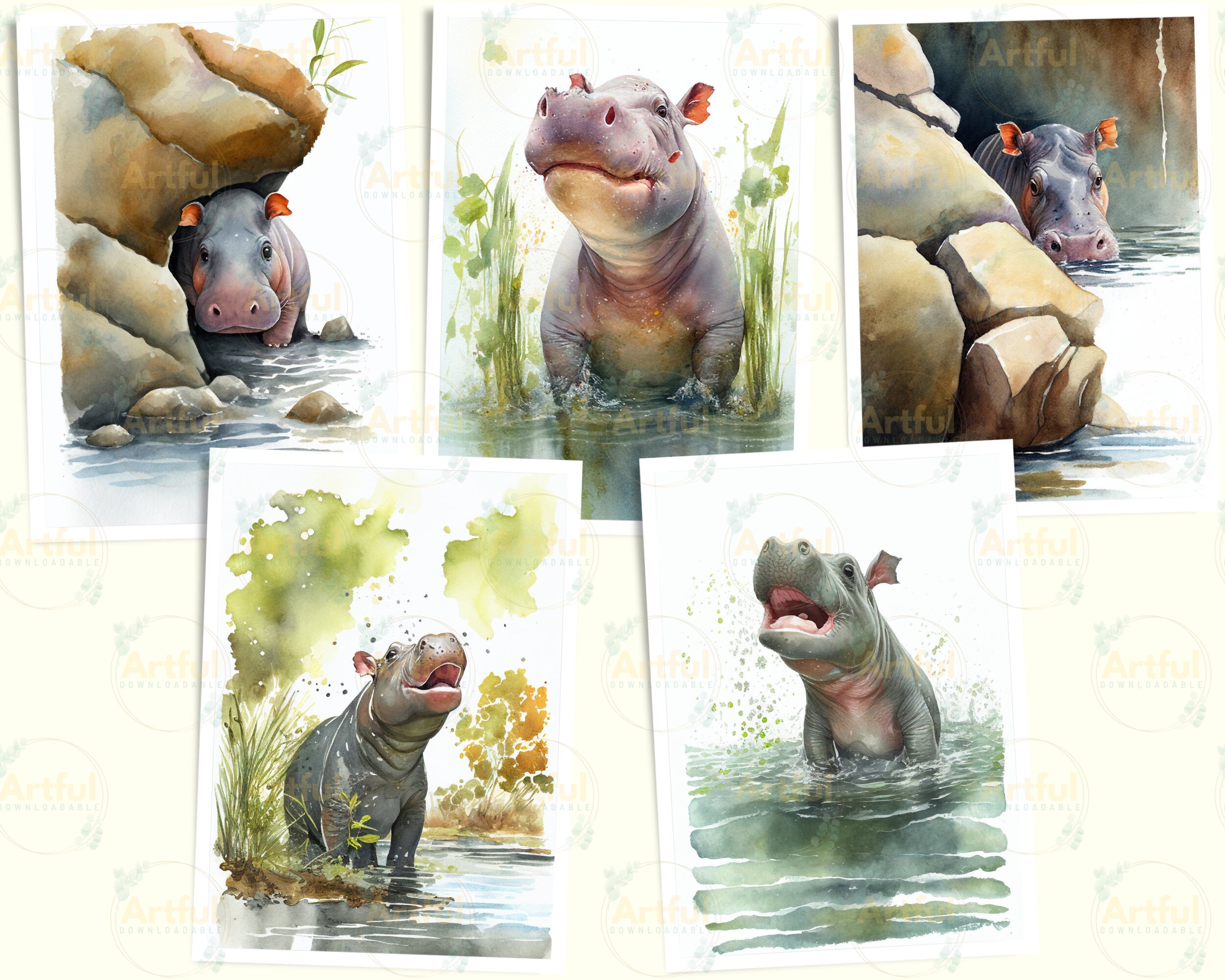 Baby Hippo in Water Watercolor Clipart Bundle, Cute Animal JPG, Instant ...