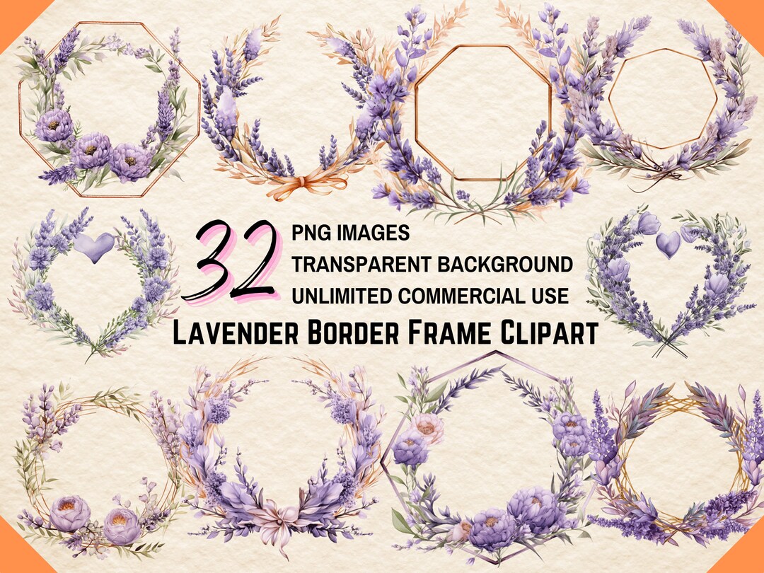 Watercolor Lavender Border Frame Wreath Clipart PNG Instant Download ...