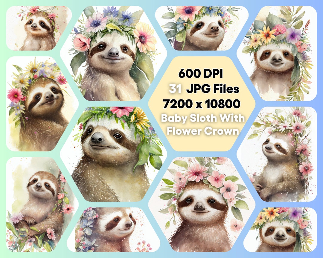 Baby Sloth Flower Crown Watercolor Clipart Bundle, Animal JPG, Instant ...