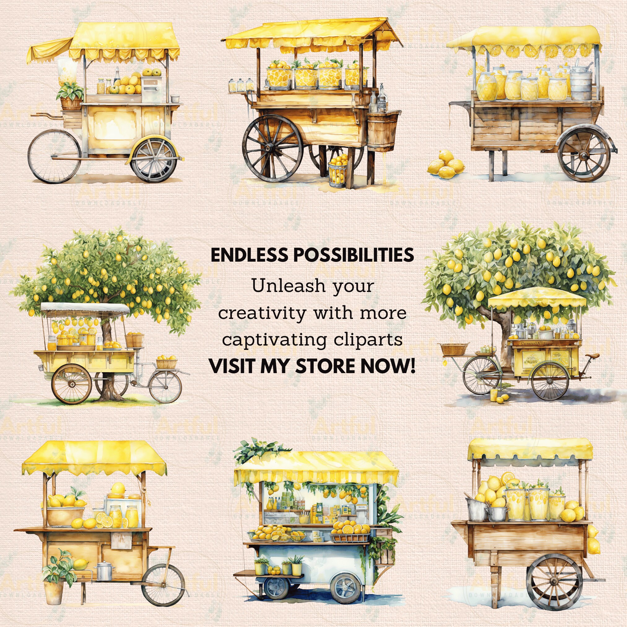Lemonade Cart Watercolor Clipart PNG JPG Bundle Instant Digital ...