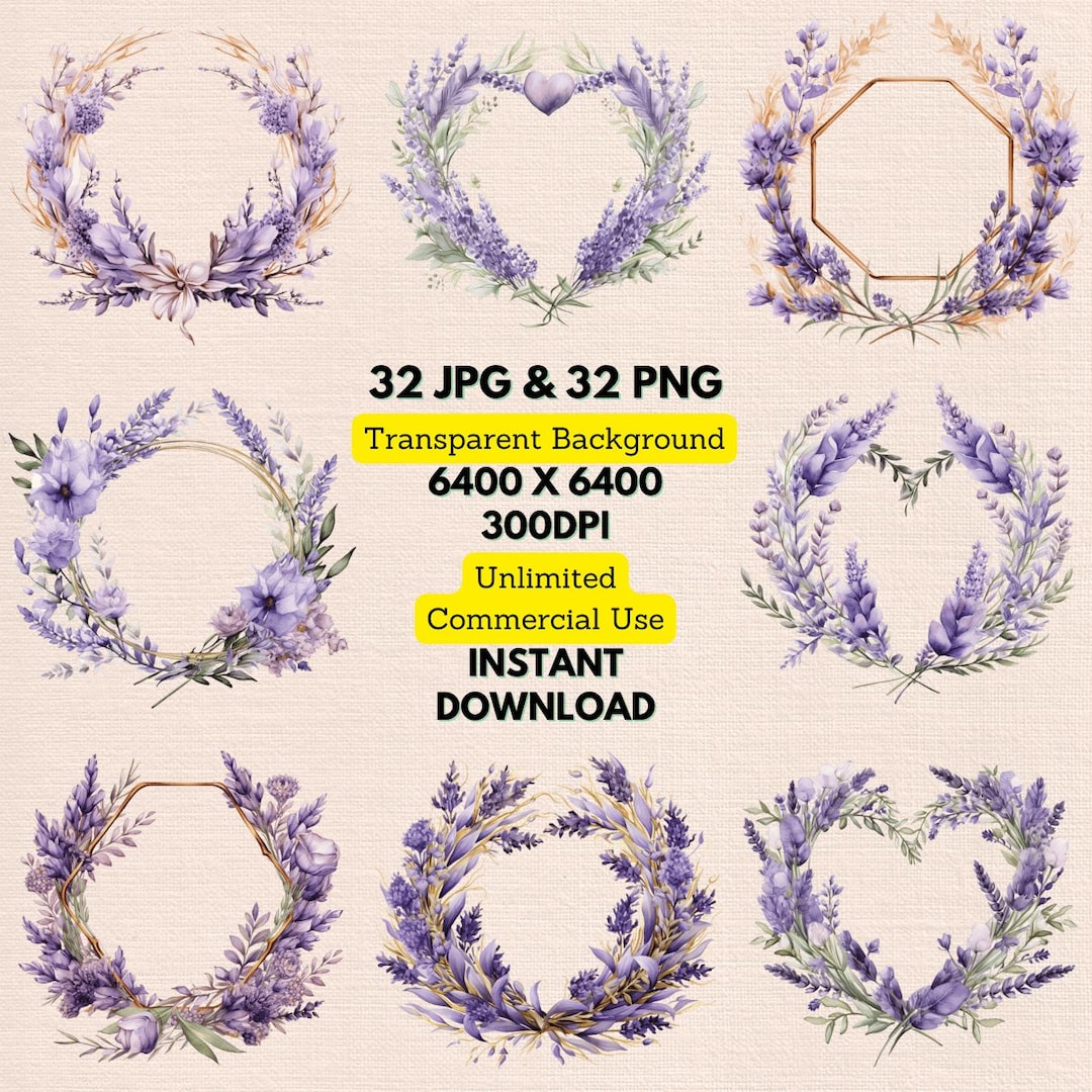 Watercolor Lavender Border Frame Wreath Clipart PNG Instant Download ...