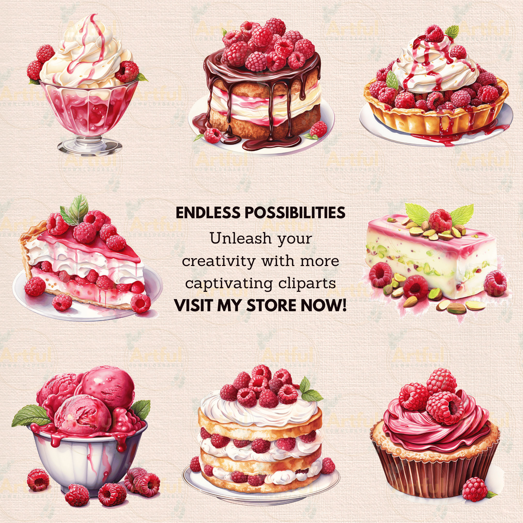 Raspberry Dessert Watercolor Clipart PNG JPG Bundle Instant - Etsy