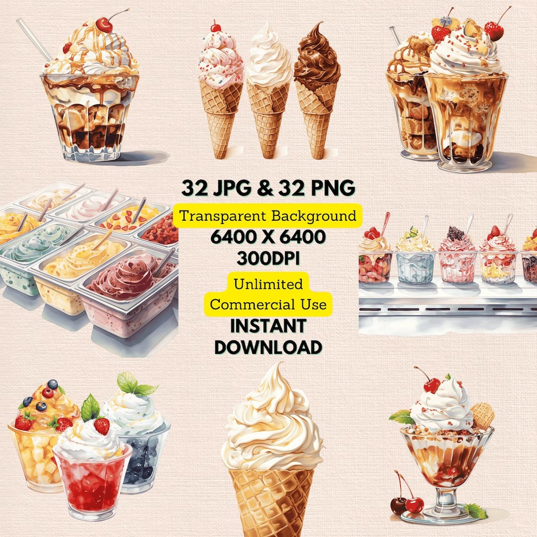 Ice Creams Watercolor Clipart PNG JPG Bundle Instant Digital Download ...