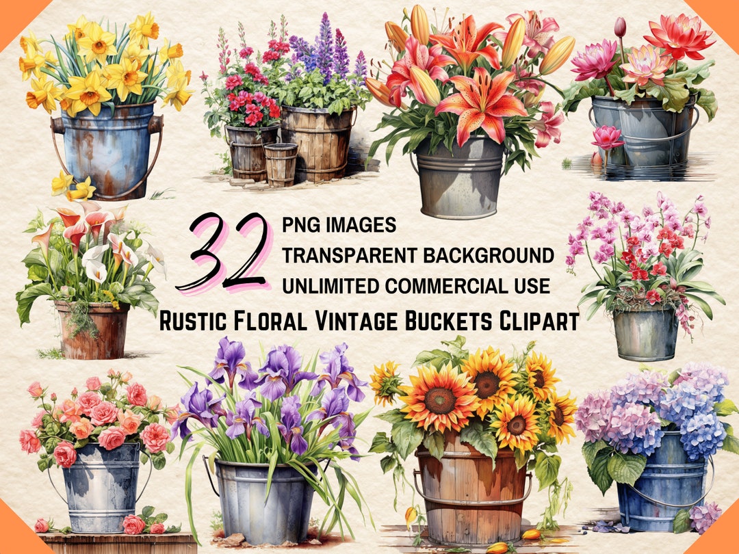Watercolor Rustic Floral Vintage Buckets Clipart PNG Instant Download ...