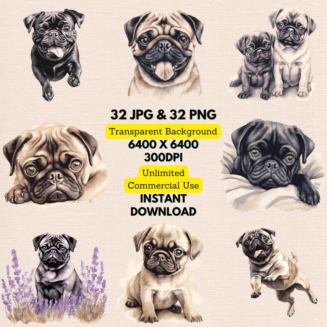 Cute Pug Watercolor Clipart Bundle Birthday Invitation Card Printable ...