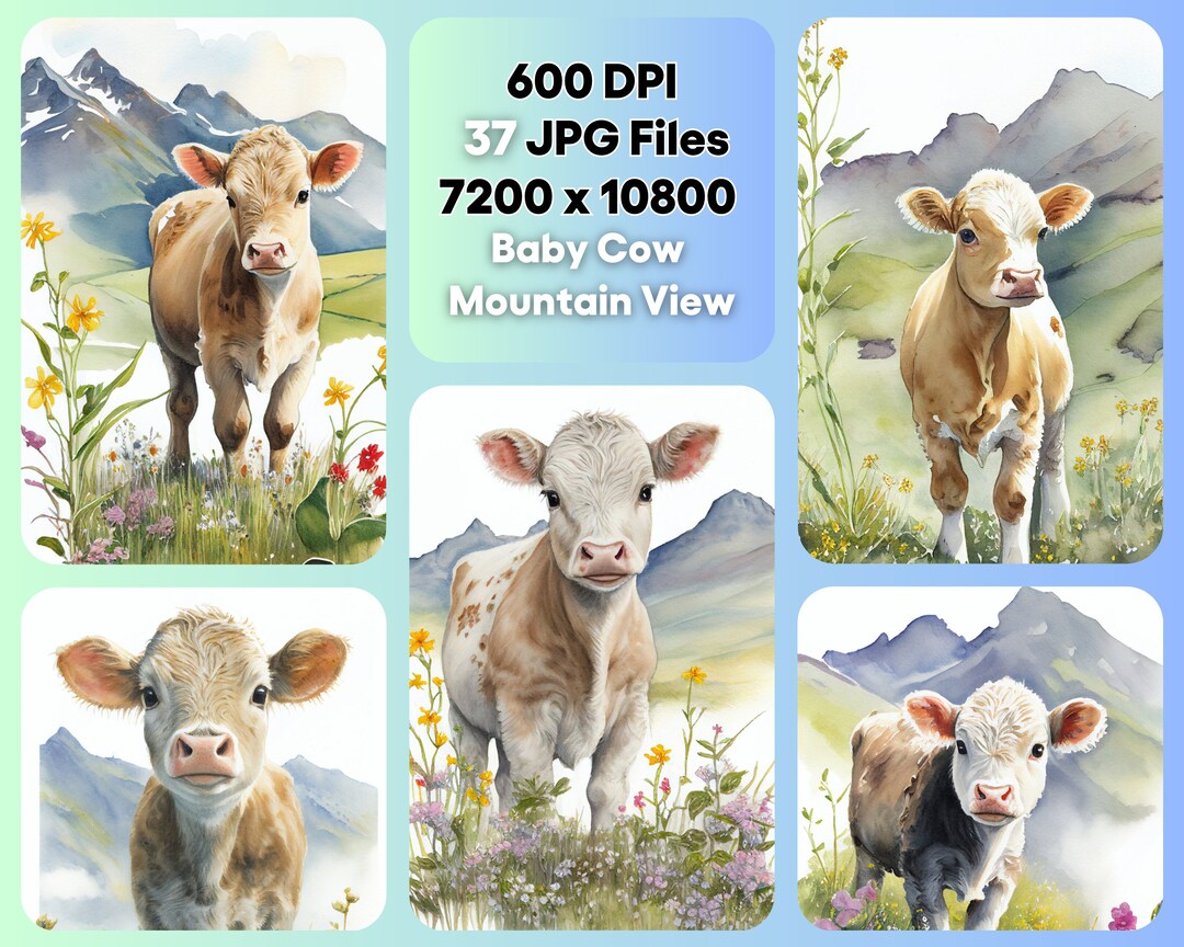 Baby Cow Mountain View Watercolor Clipart Bundle, Cute Animal JPG ...