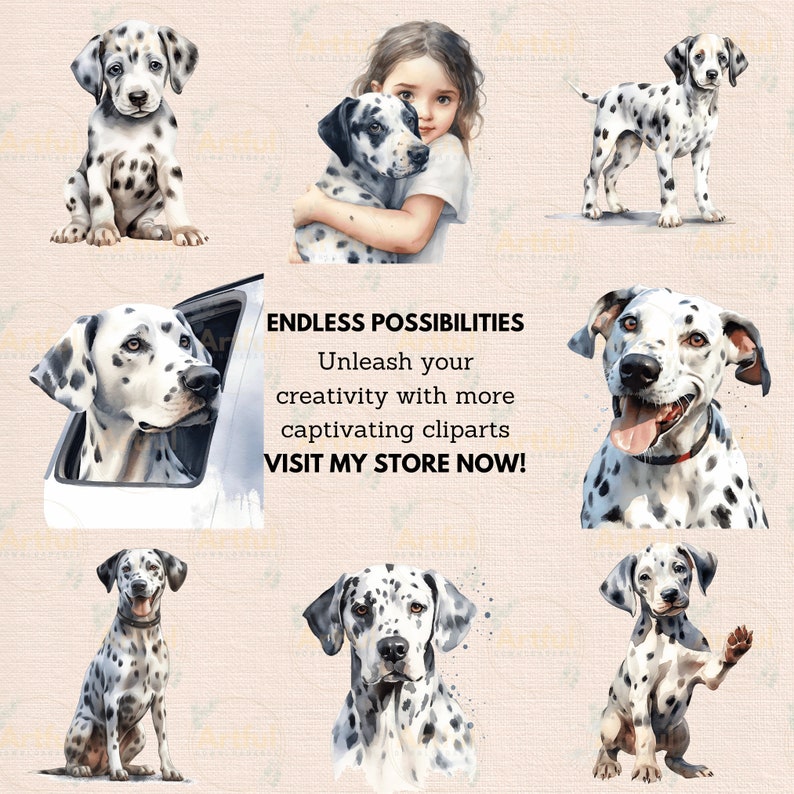 Dalmatian Watercolor Clipart Bundle DIY Birthday Invitation Card Craft ...
