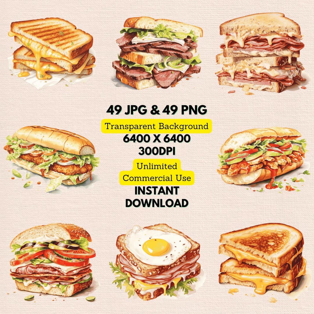 Delicious Sandwiches Watercolor Clipart PNG JPG Bundle Instant Digital ...