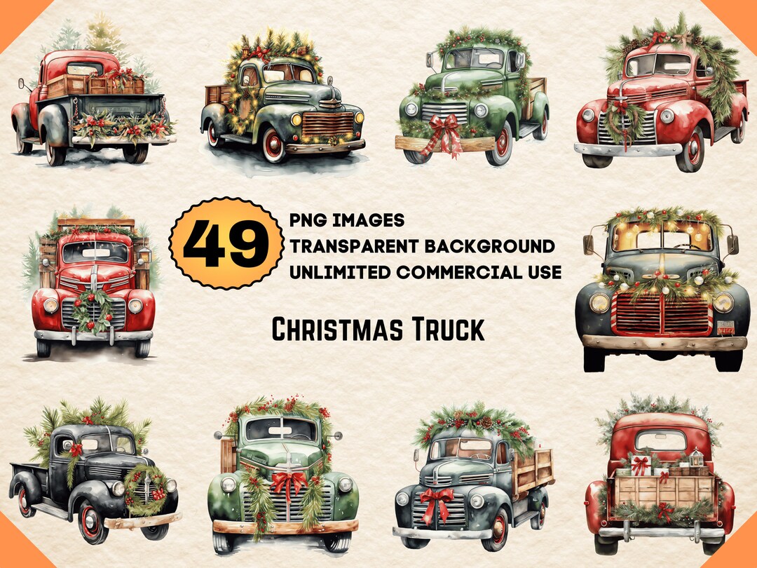 Christmas Truck Watercolor Clipart PNG JPG Bundle Instant Digital ...