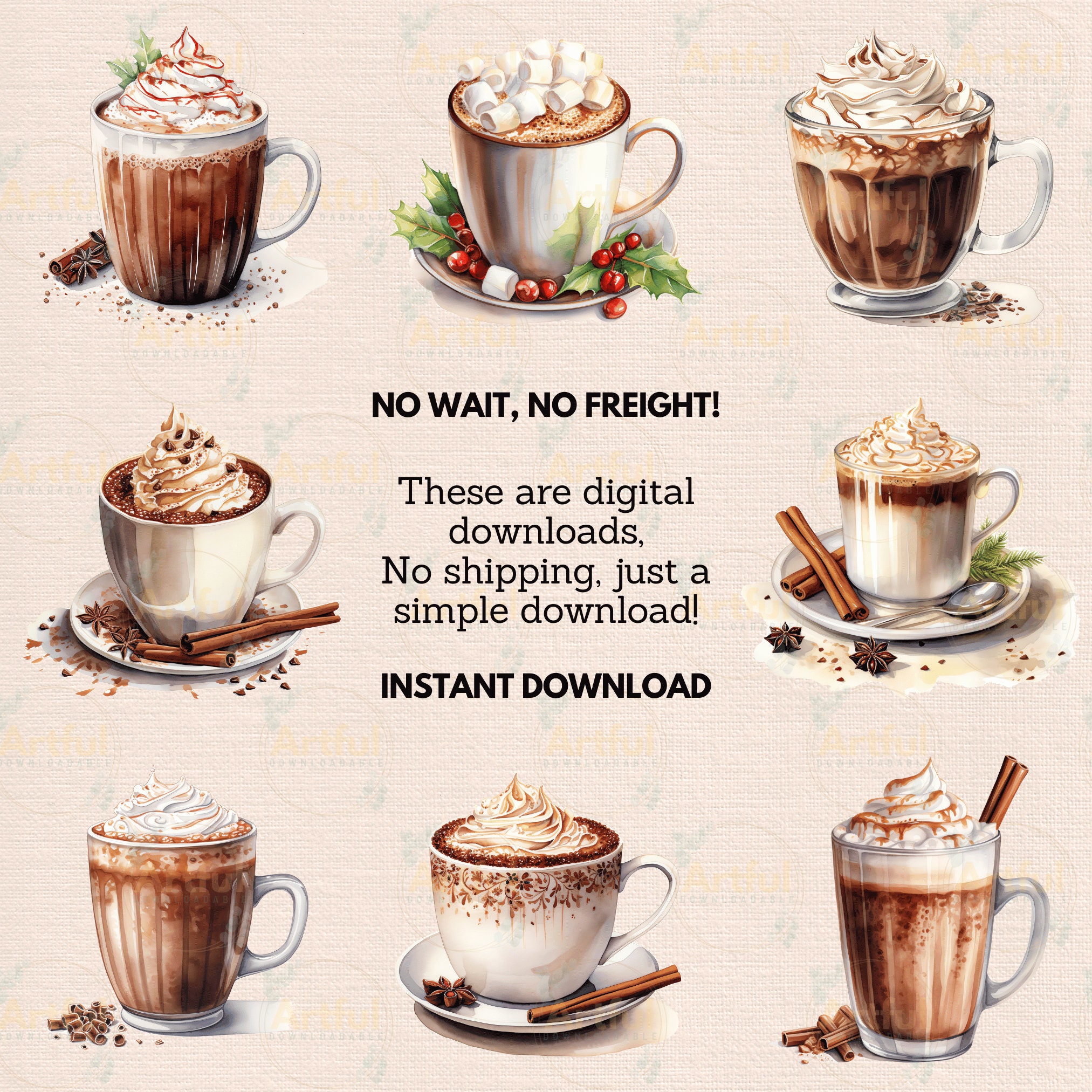 Hot Chocolate Watercolor Clipart PNG JPG Bundle Instant Digital ...