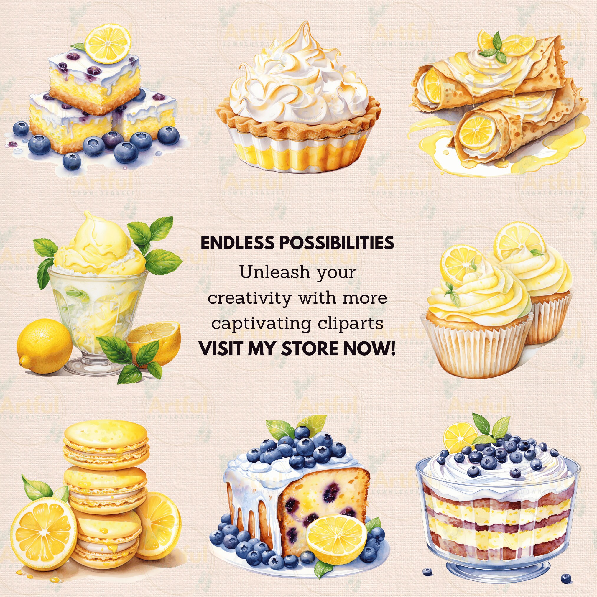 Lemon Dessert Watercolor Clipart PNG JPG Bundle Instant - Etsy