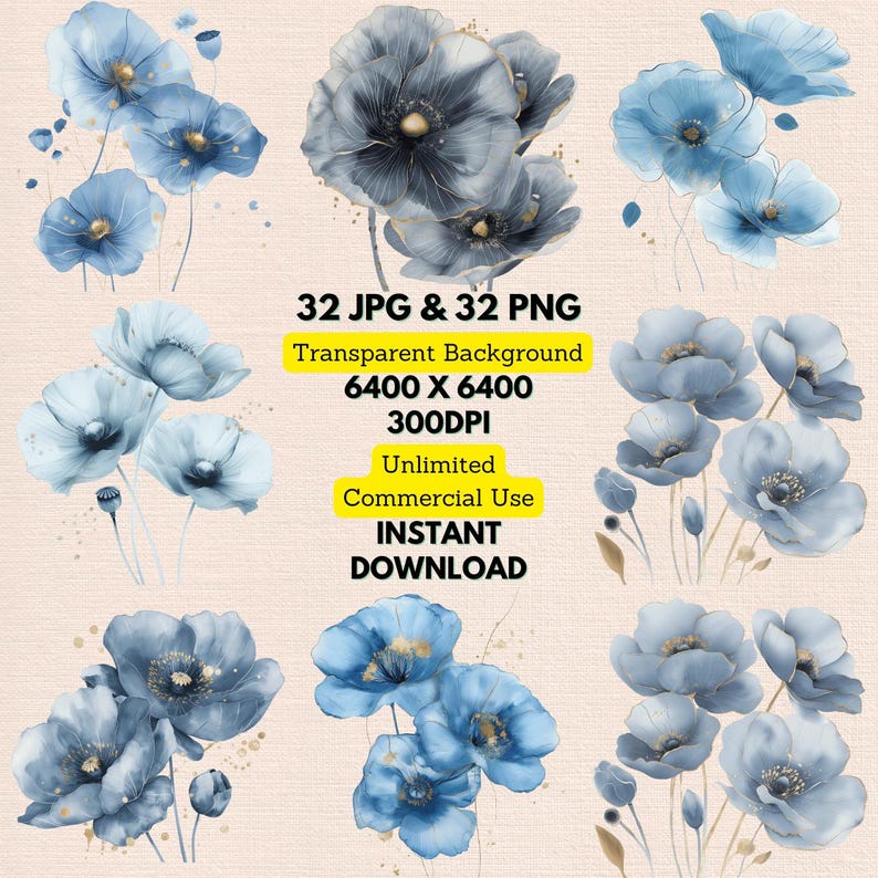 Watercolor Light Blue Grey Poppy Flower Clipart PNG Instant Download ...