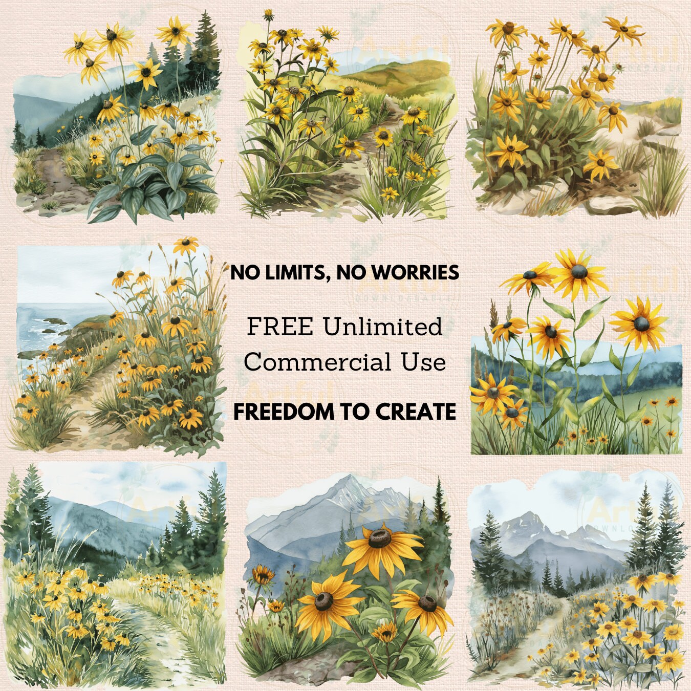 Watercolor Black Eye Susan Nature Scenes Clipart PNG Bundle Instant ...