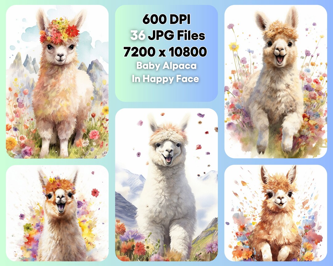 Baby Alpaca Happy Face Watercolor Clipart Bundle, Cute Animal JPG ...