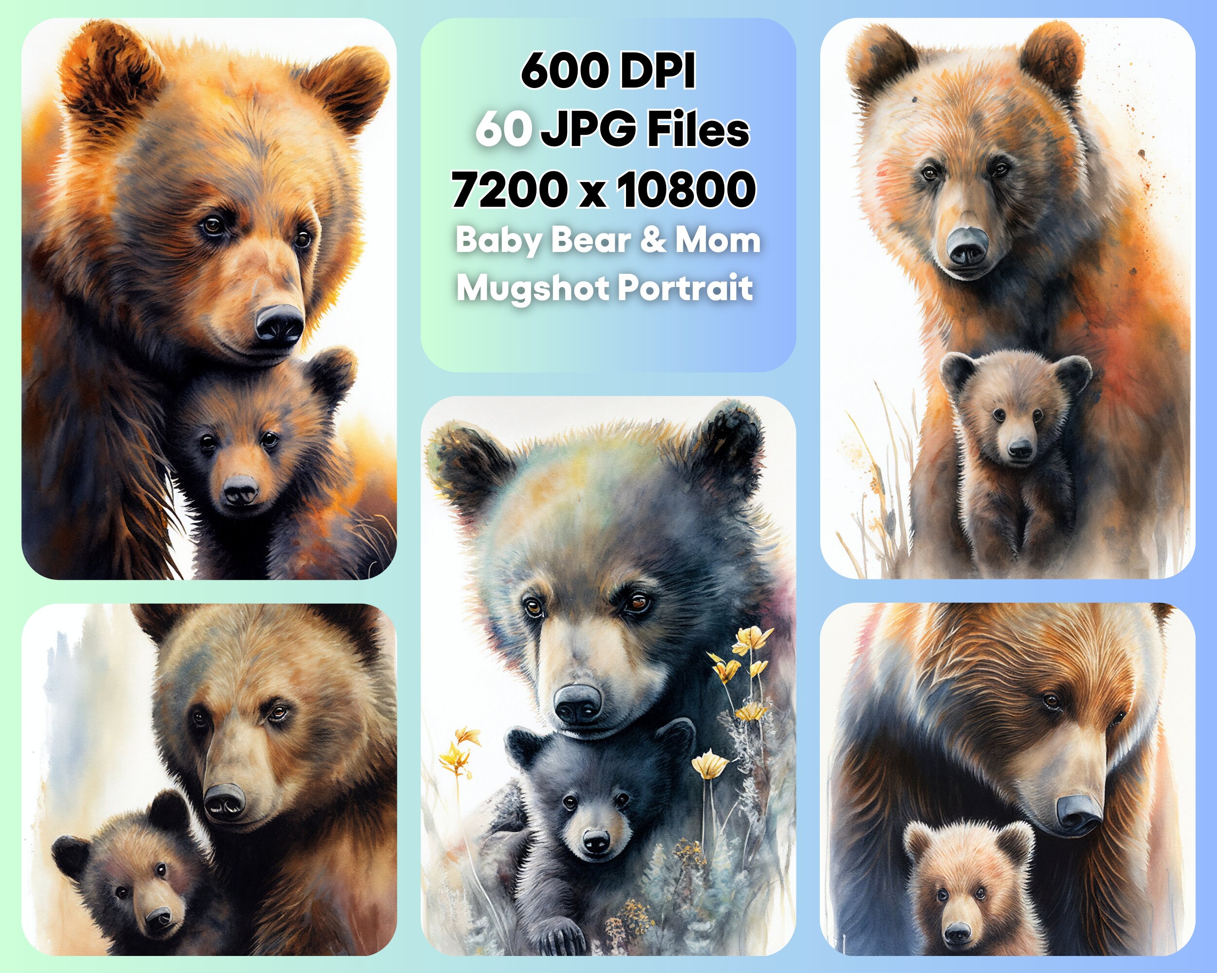 Baby Bear & Mom Portrait Watercolor Clipart Bundle Animal - Etsy