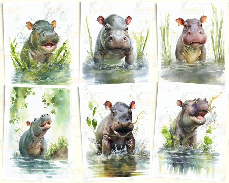 Baby Hippo in Water Watercolor Clipart Bundle, Cute Animal JPG, Instant ...