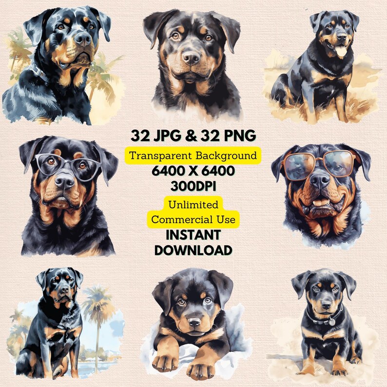 Rottweiler Watercolor Clipart Bundle DIY Birthday Invitation Card Craft ...