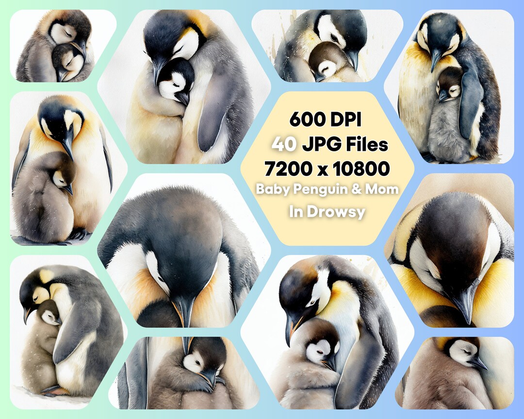 Baby Penguin & Mom in Drowsy Watercolor Clipart Bundle, Cute Animal JPG ...