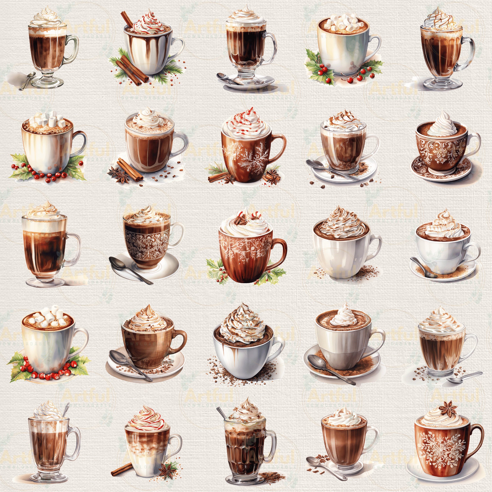 Hot Chocolate Watercolor Clipart PNG JPG Bundle Instant Digital ...