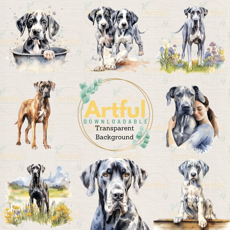 Great Dane Watercolor Clipart PNG JPG Bundle Instant Digital Download ...