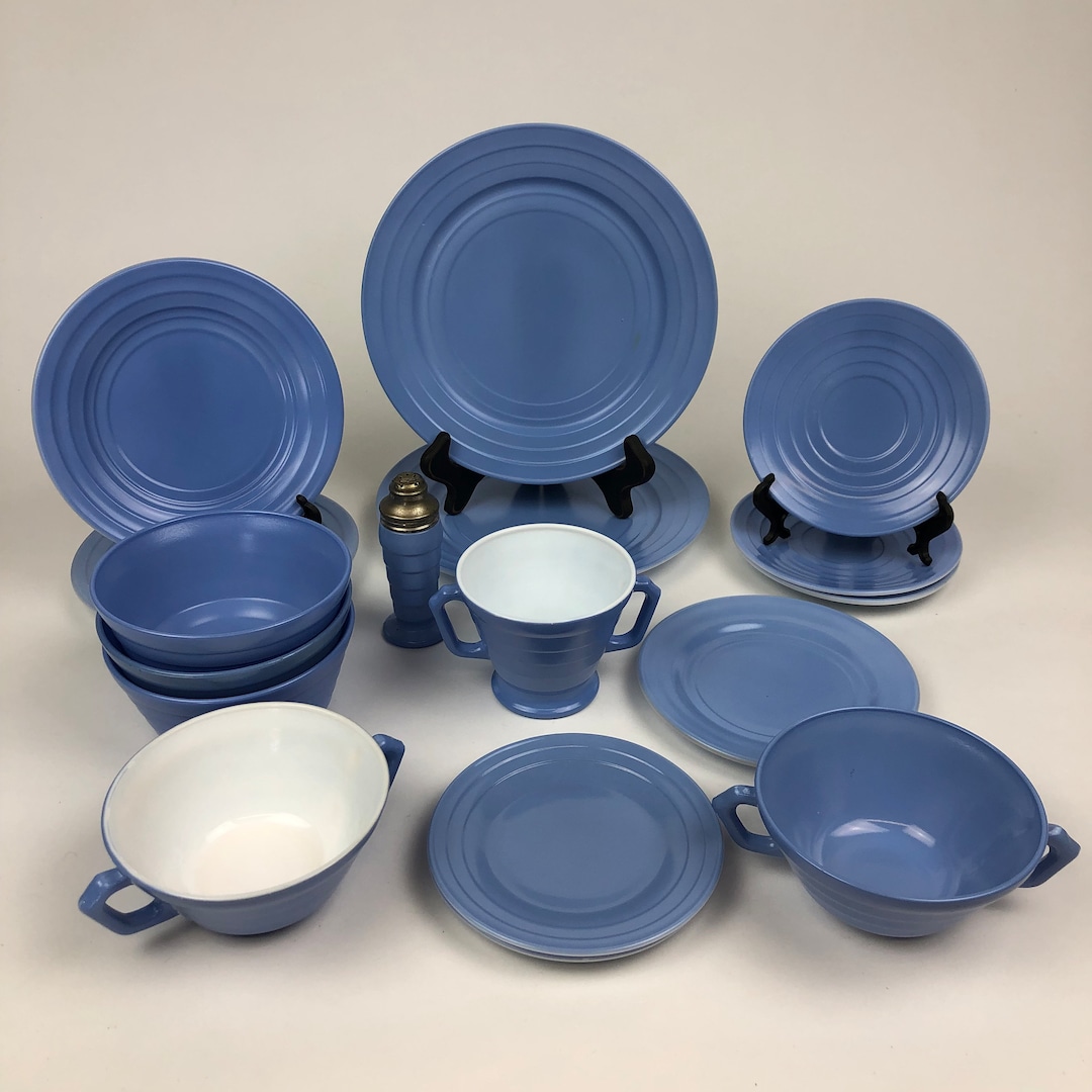HAZEL ATLAS Blue Pastel Dishes Moderntone Platonite 17 Pcs Vintage ...