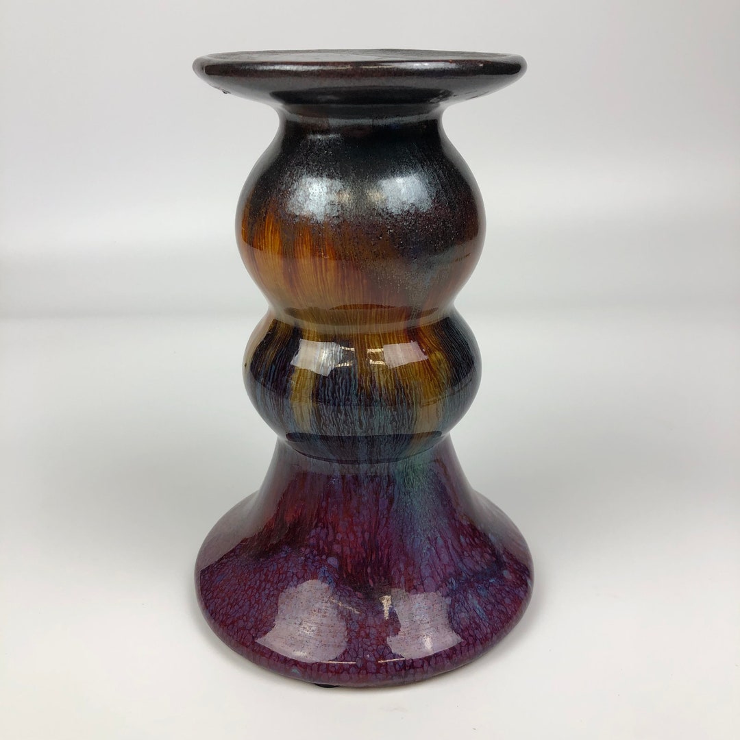 Chinese Flambe' Glaze Porcelain Pottery Pillar Candle Stand 8" Decor ...