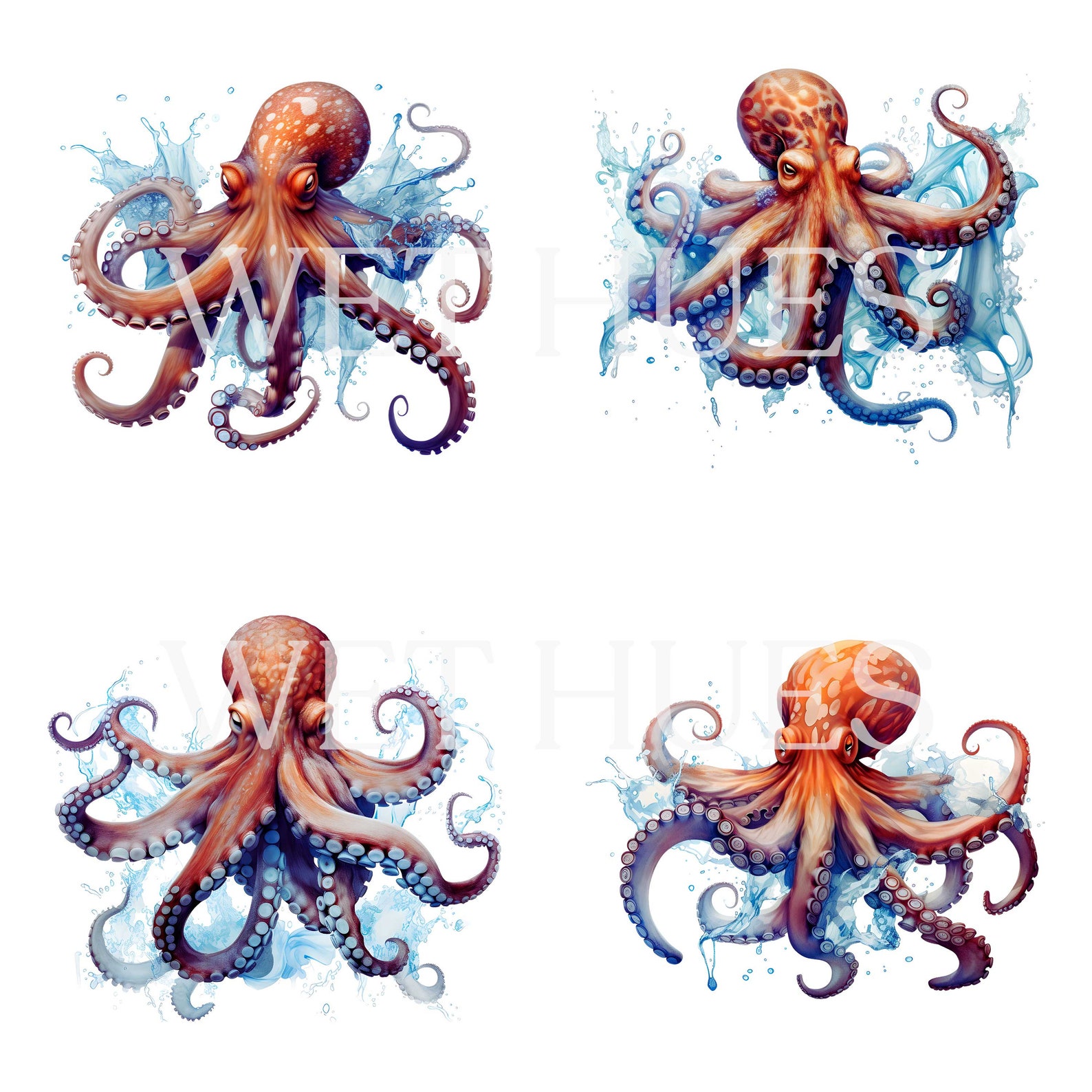 Octopus Watercolor Sublimation PNG, Octopus Printable Wall Art, Octopus ...