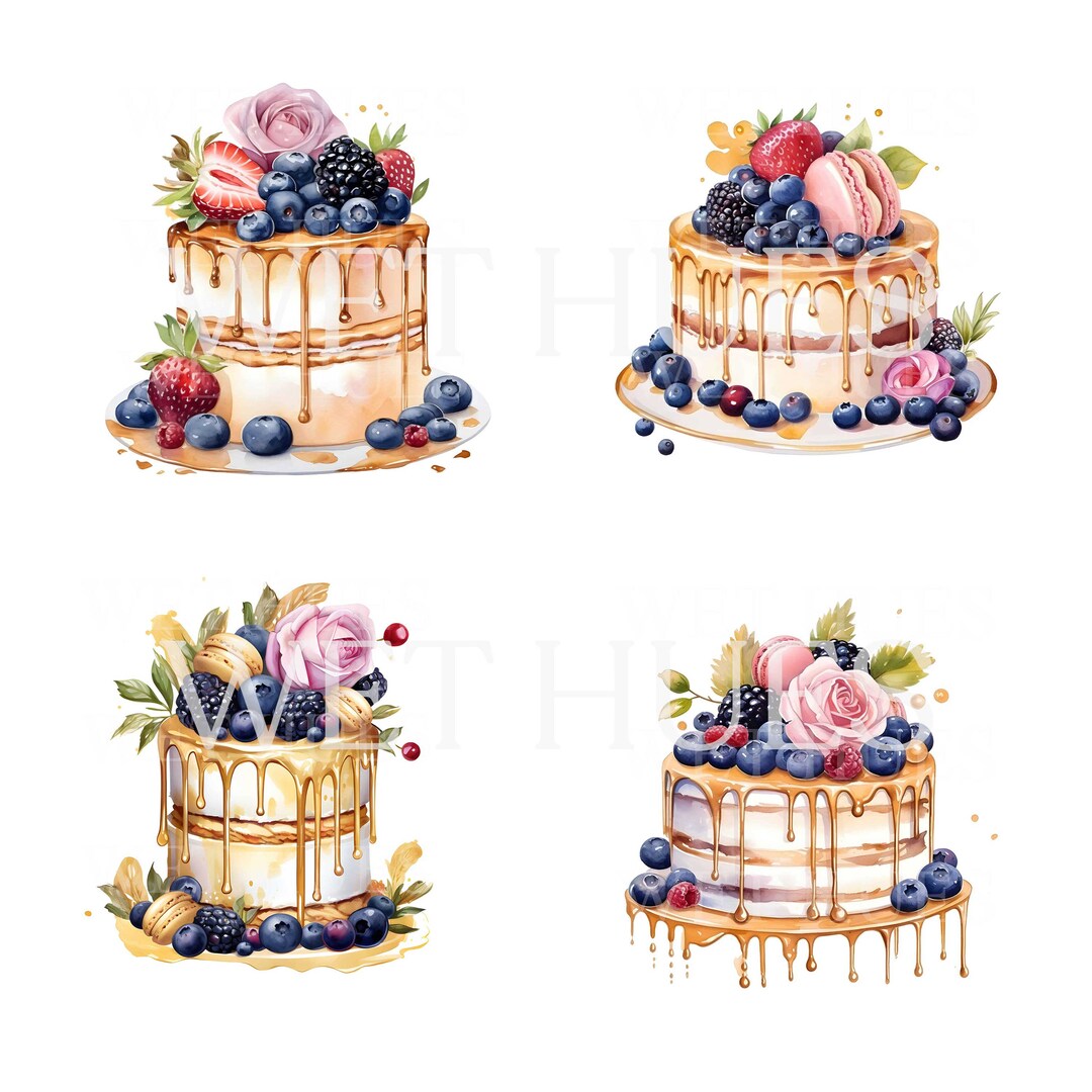 Watercolor Gold Drip Cake, Digital Downloads, Cake Clipart, Food ...