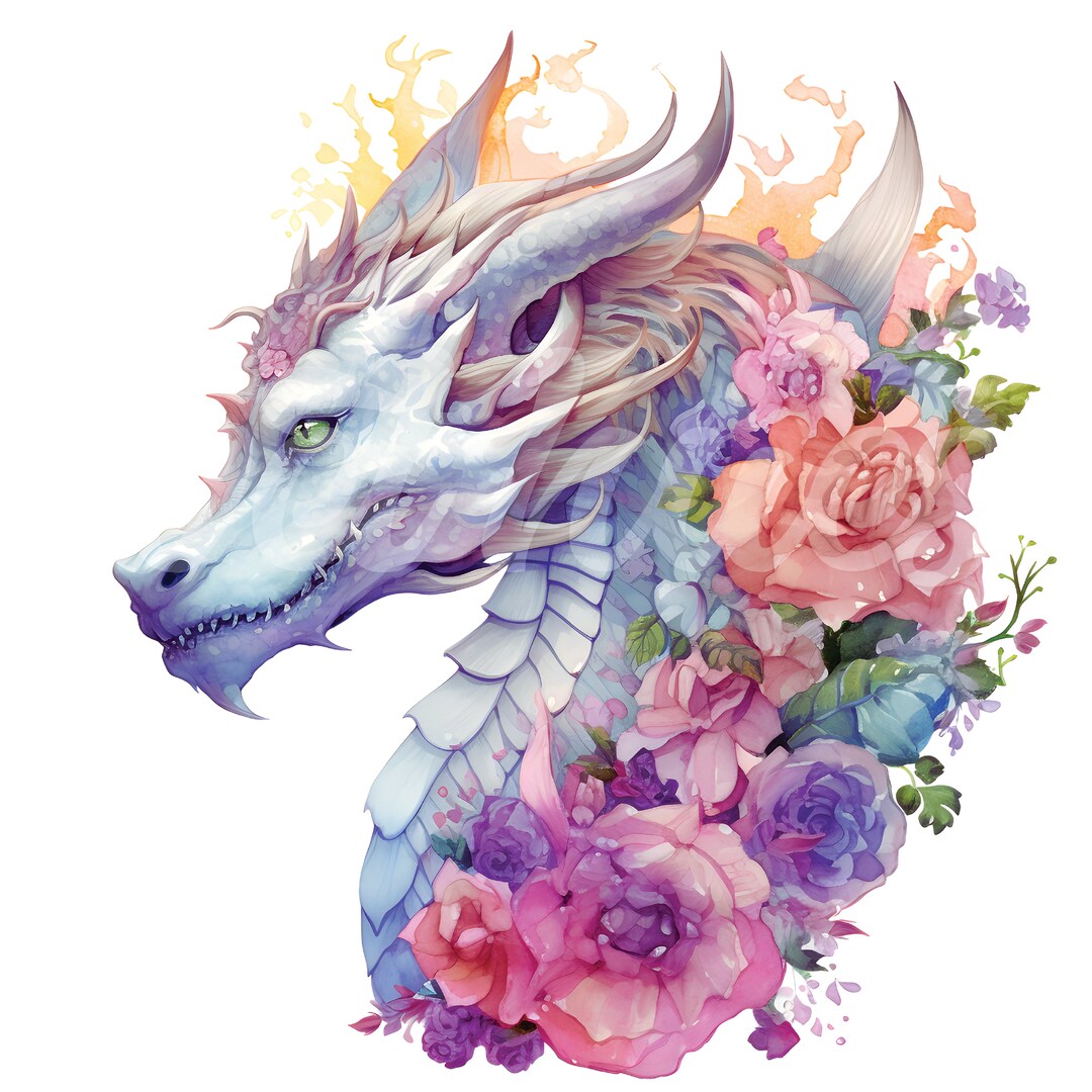 Floral Dragons Watercolor Clipart, 300 DPI Pngs, Fantasy Dragon ...