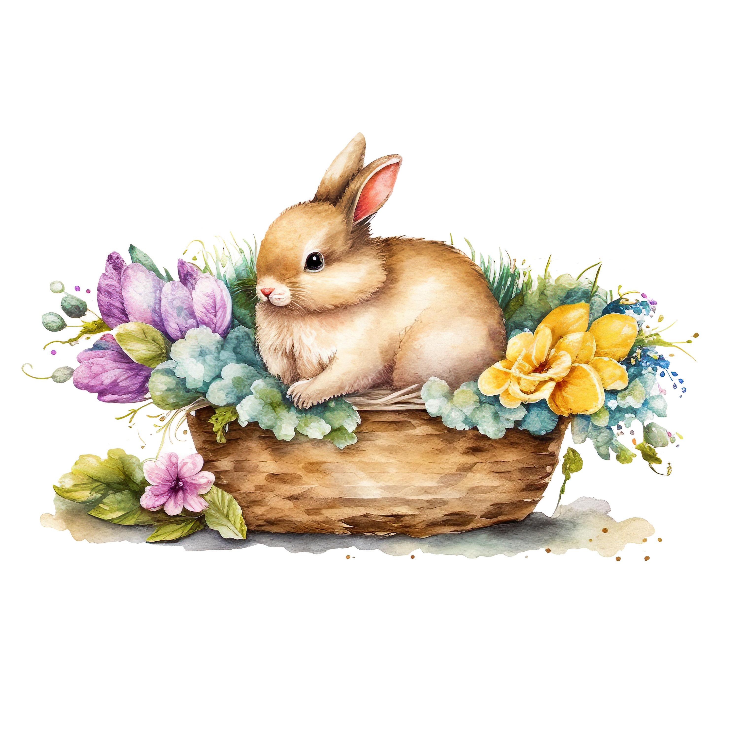 Easter Bunny in Basket Clipart, Watercolor Bunny in Basket, Digital ...