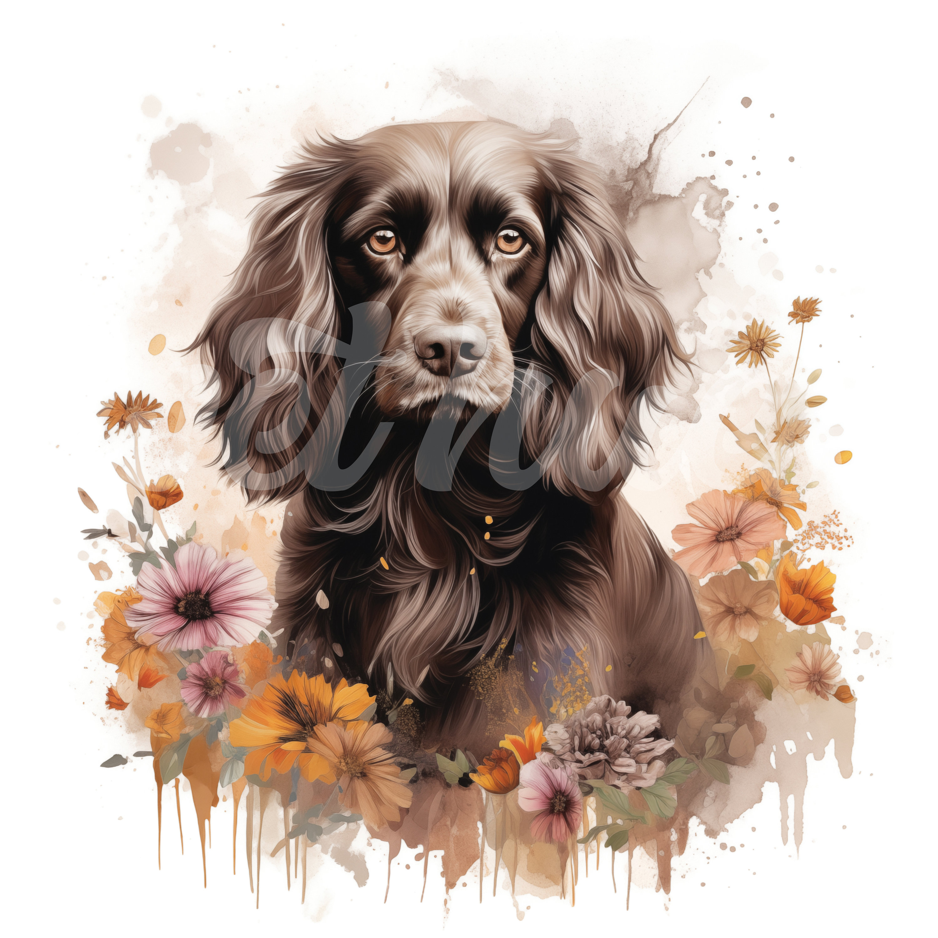 Watercolor Floral Springer Spaniels Digital Art - 4 HQ JPG Files for ...