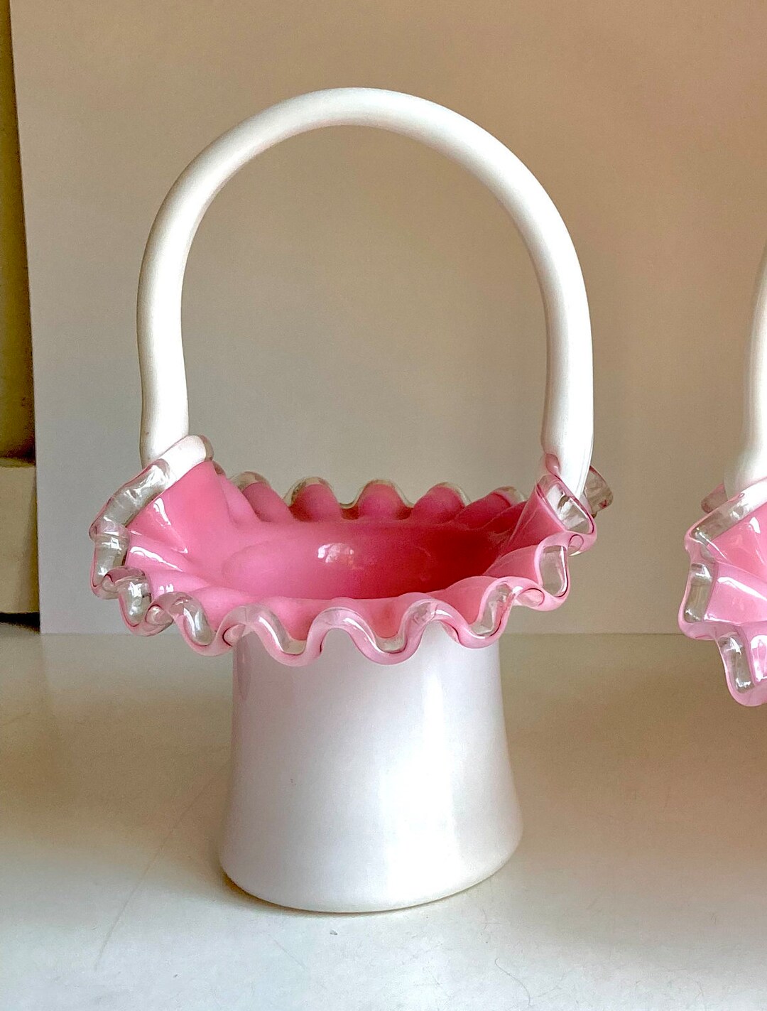 Fenton Pink White Crimped Edge Silvercrest Milk Glass Basket - Etsy