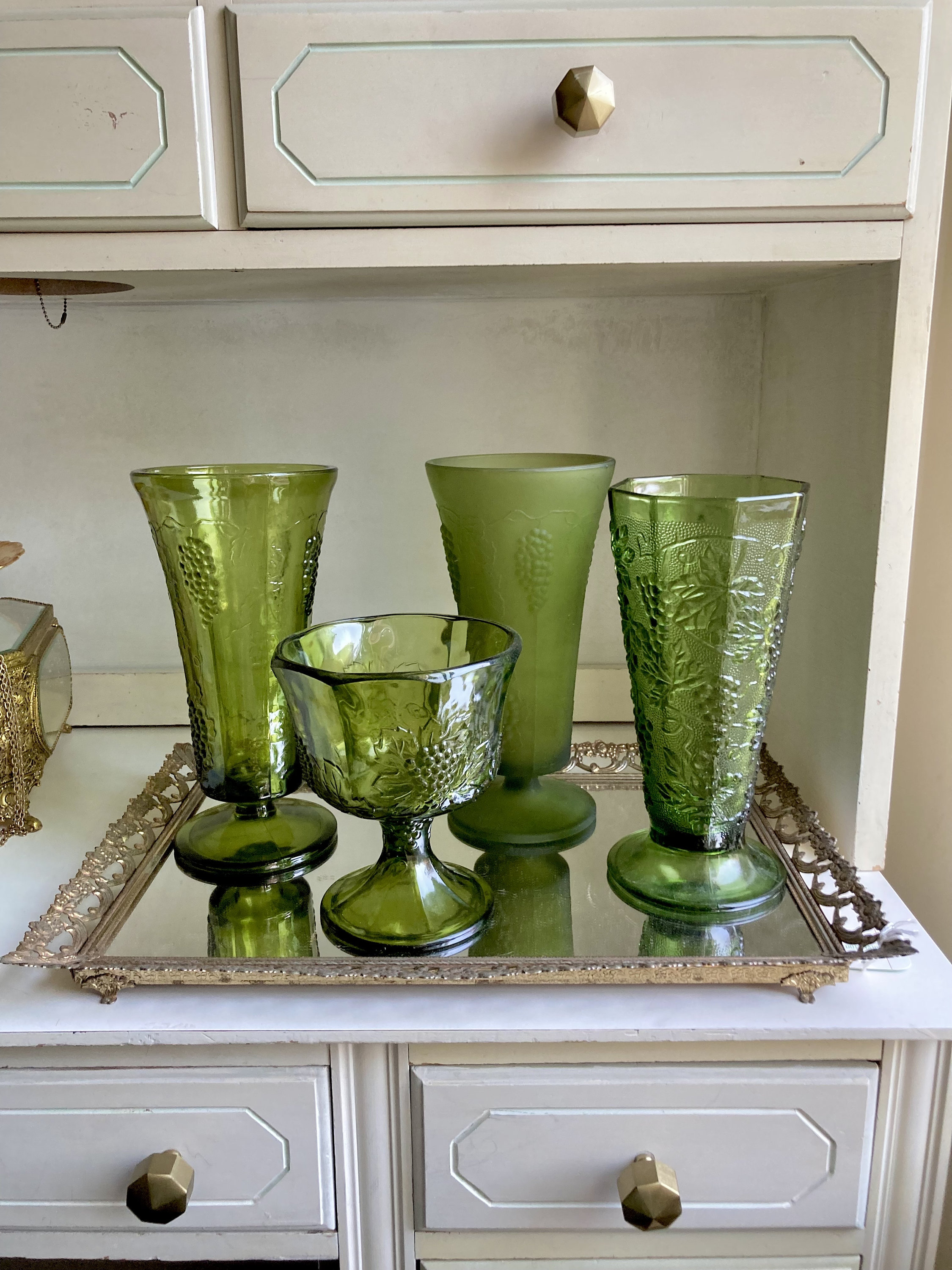 Vintage Green Glass Harvest Grape Pattern Pedestal Vases and Compote ...