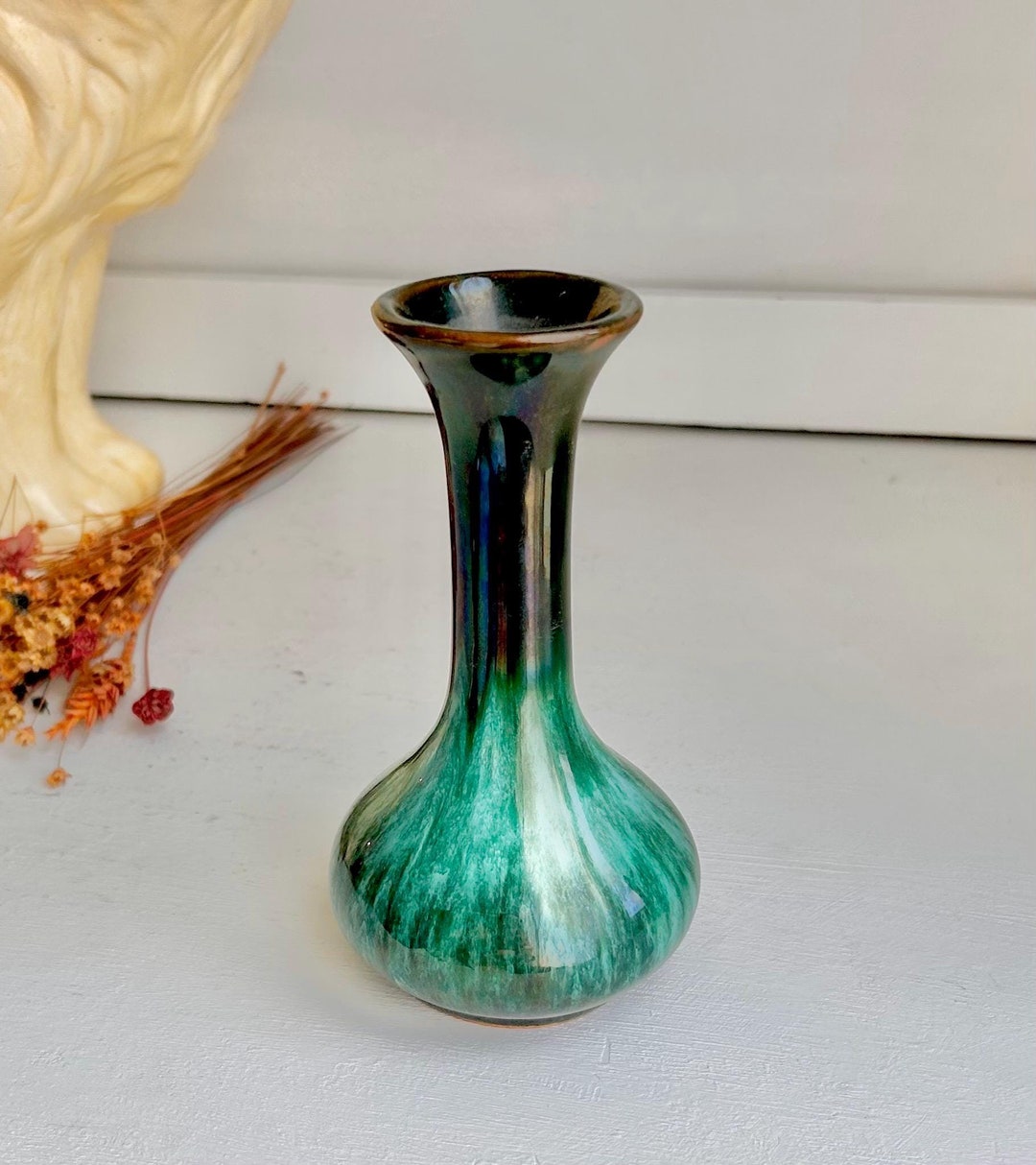 Vintage Blue Mountain Pottery Teal Drip Glaze Bud Vase - Small Fluted ...