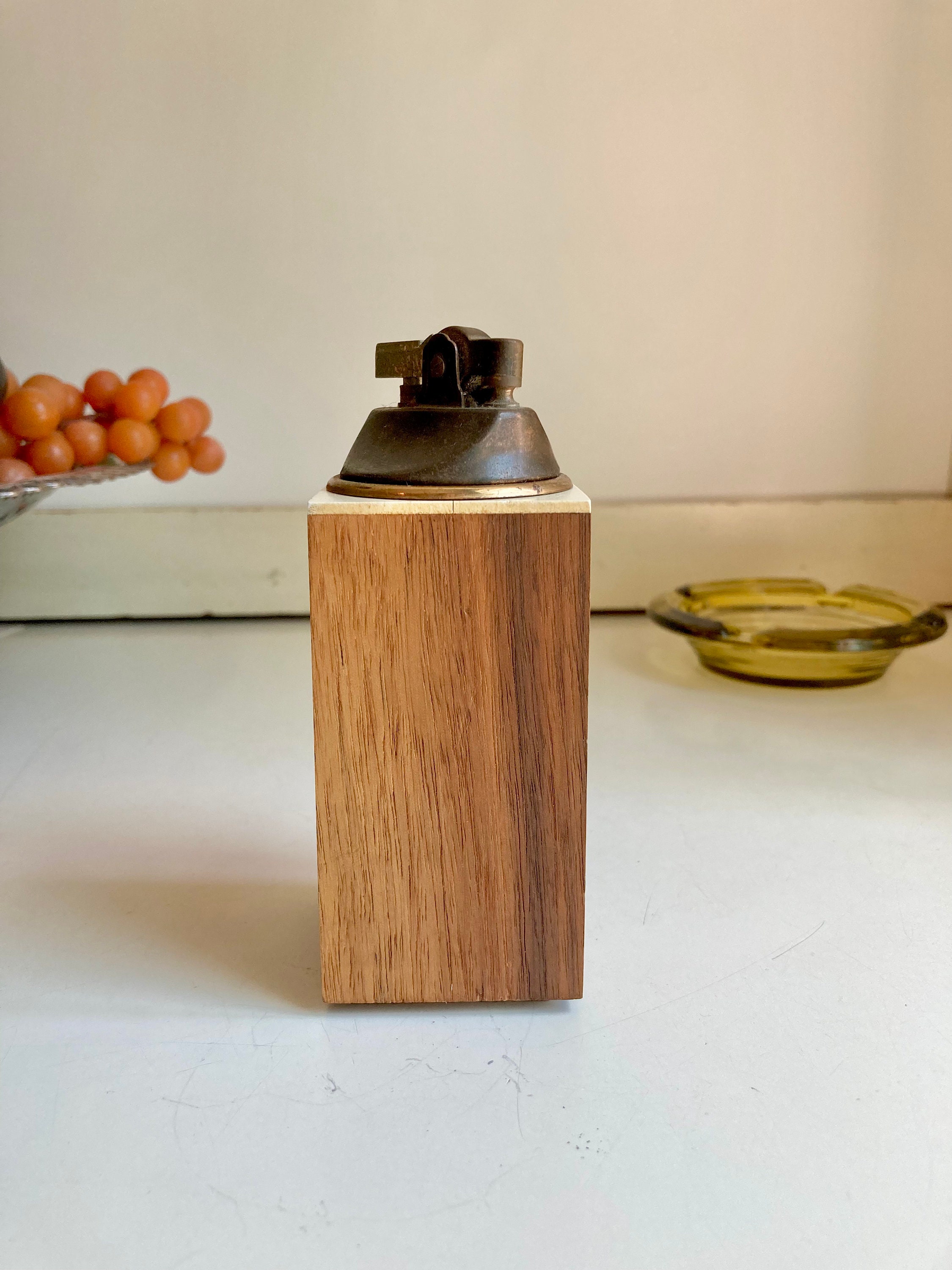 MCM Rectangular Cube Teak Wood and Brass Table Lighter Untested 4.75 ...