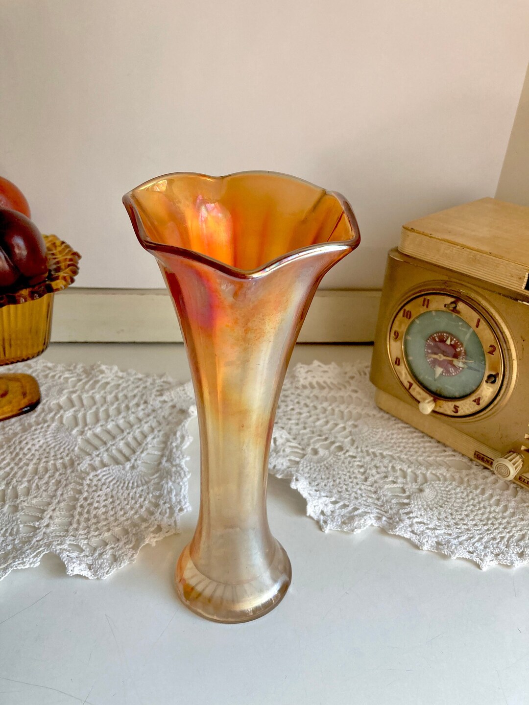 Vintage Marigold Carnival Glass Trumpet Vase Ribbed Interior Stretch ...