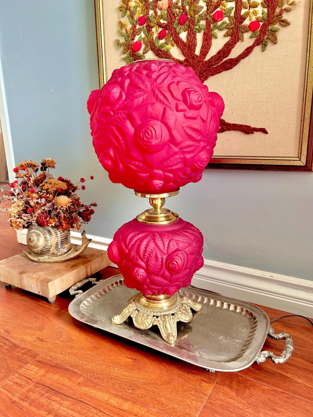 Vintage Fenton Glass Puffy Rose 3-way Lamp - Frosted Ruby Red Glass and ...