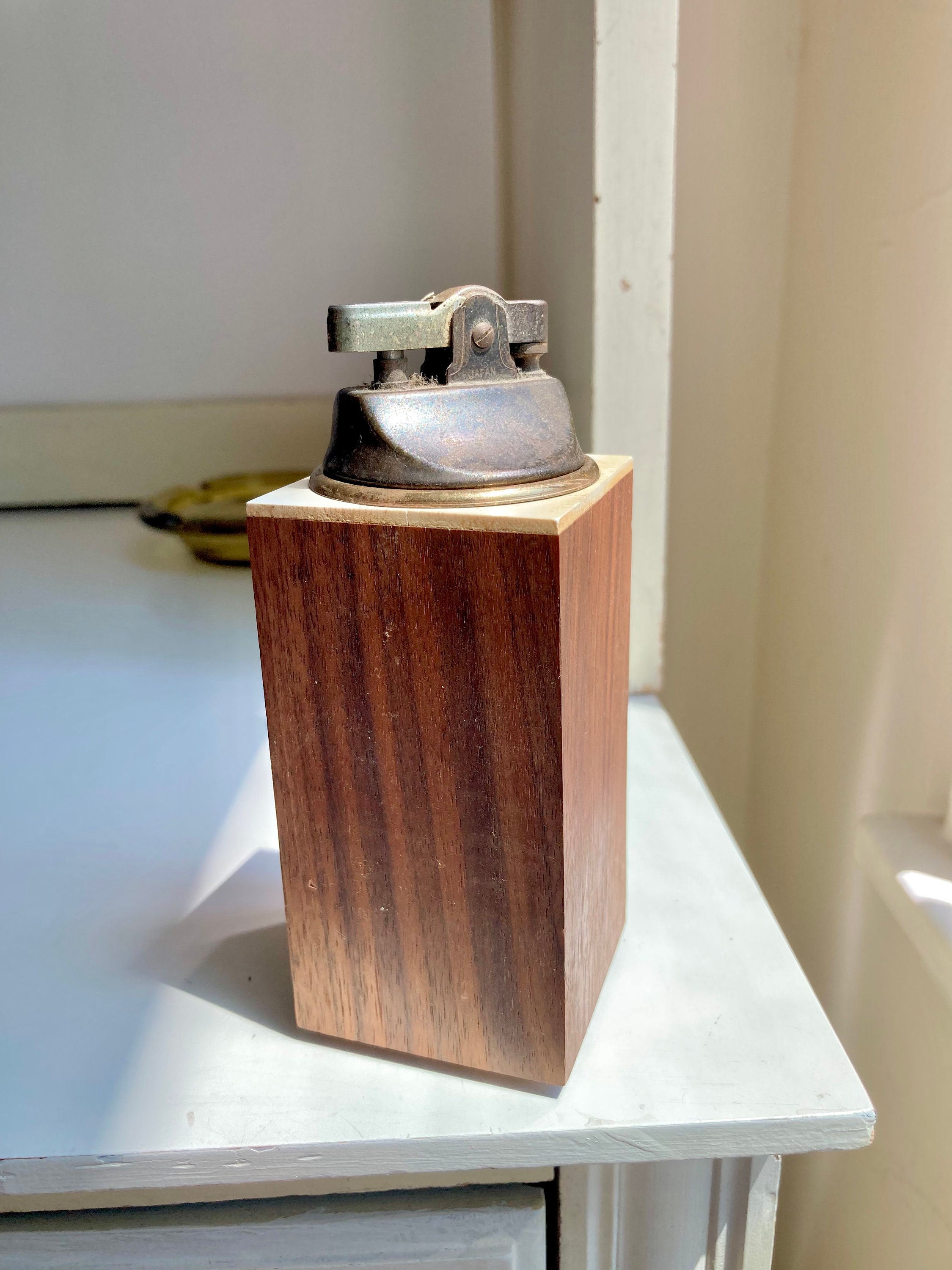 MCM Rectangular Cube Teak Wood and Brass Table Lighter Untested 4.75 ...