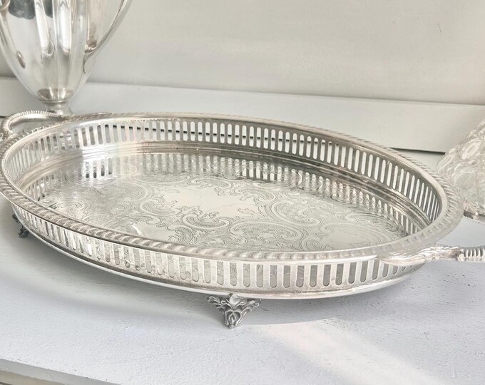 Vintage Sheridan Silverplate Oval Footed Gallery Tray With Reticulated ...