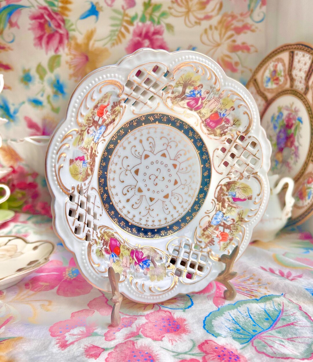 Vintage Perforated Bowl: Victorian Leisure Scenes, Gold Trim, Scalloped ...