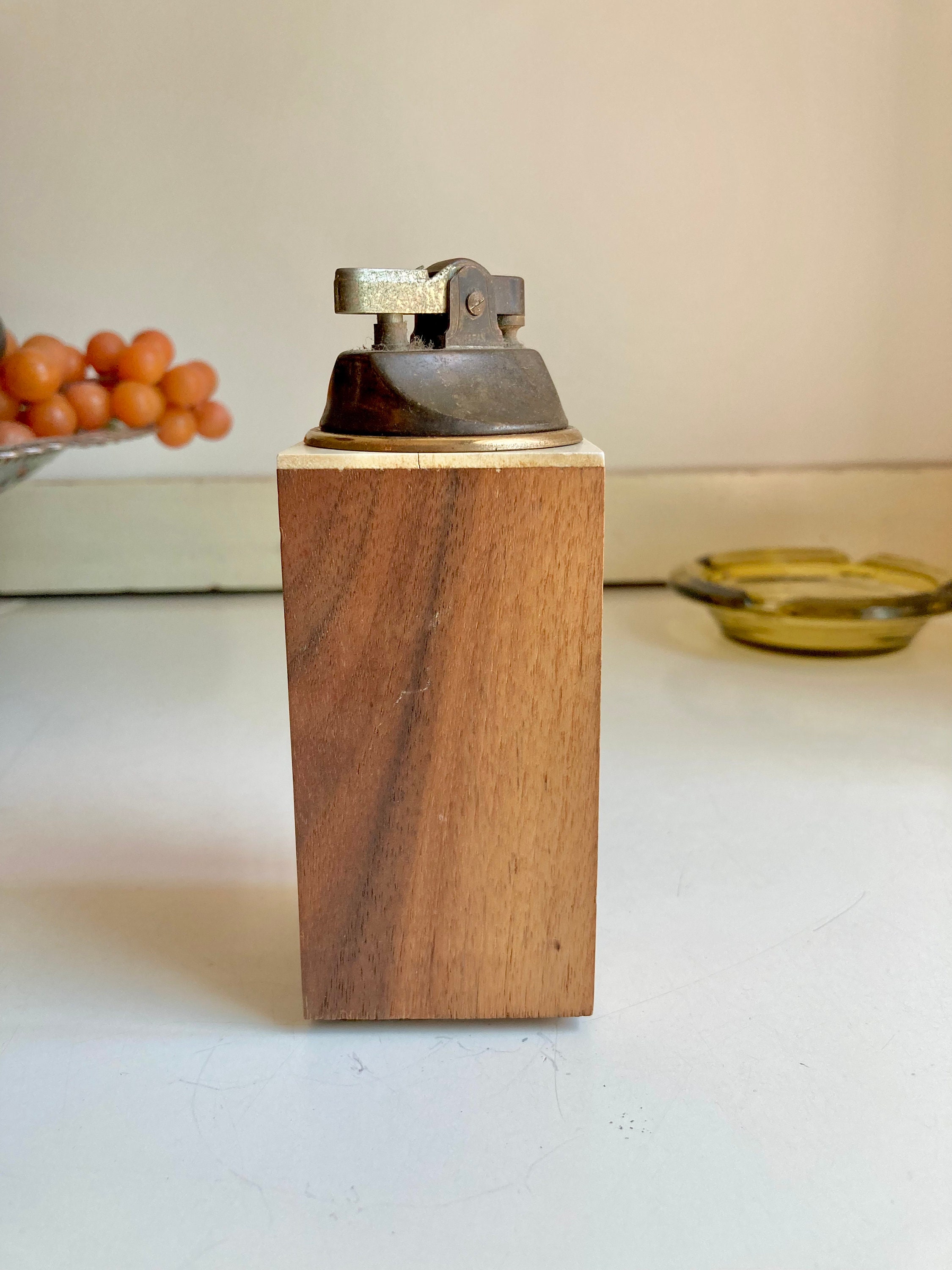 MCM Rectangular Cube Teak Wood and Brass Table Lighter Untested 4.75 ...