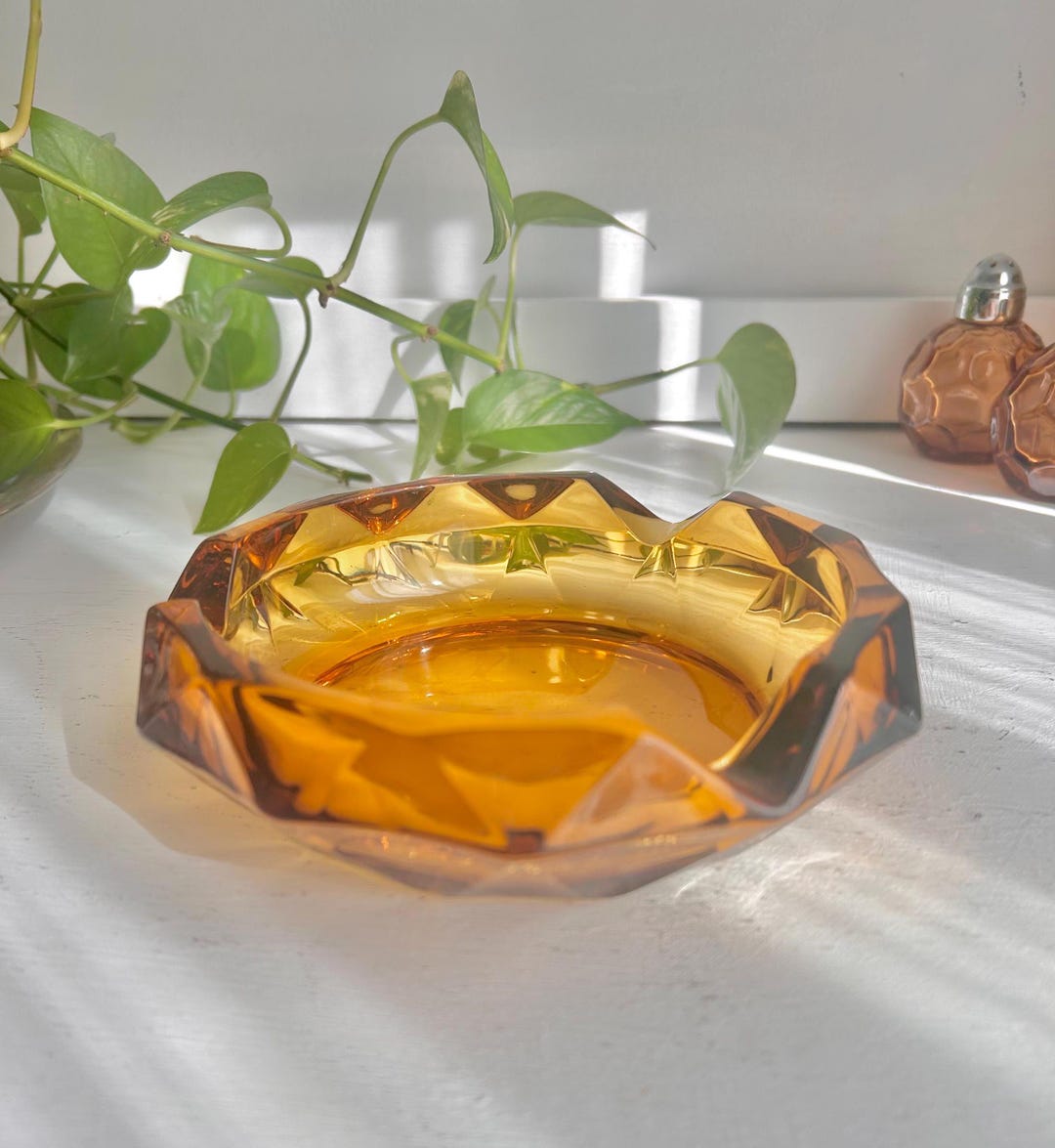 Vintage Amber Glass Ashtray- Viking Diamond Point Honey Amber Heavy Art ...