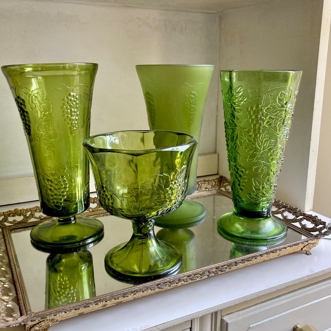 Vintage Green Glass Harvest Grape Pattern Pedestal Vases and Compote ...
