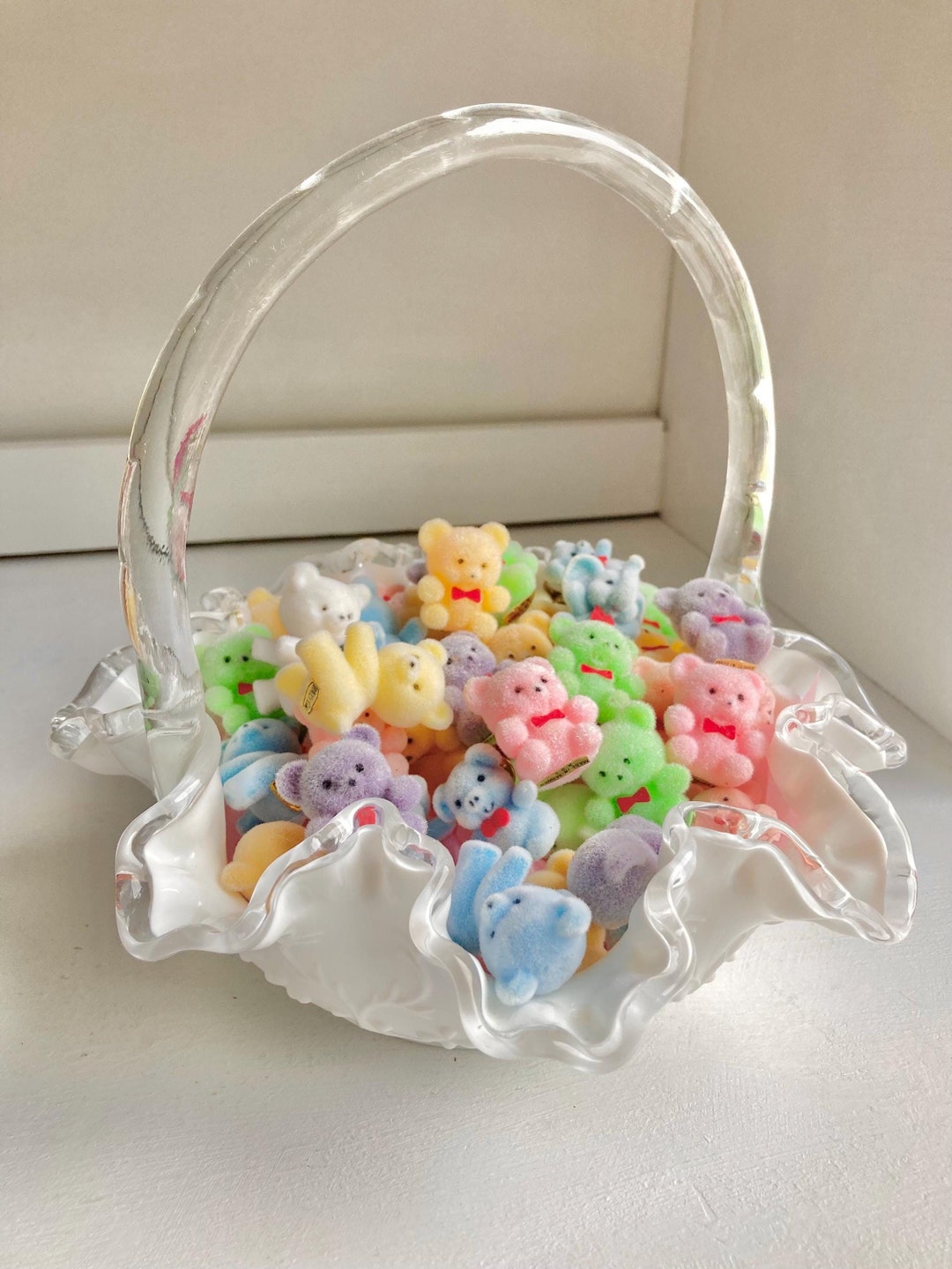 Vintage Mini Flocked Bear Figurine: 1980s Fuzzy Animal With Red Bowtie ...