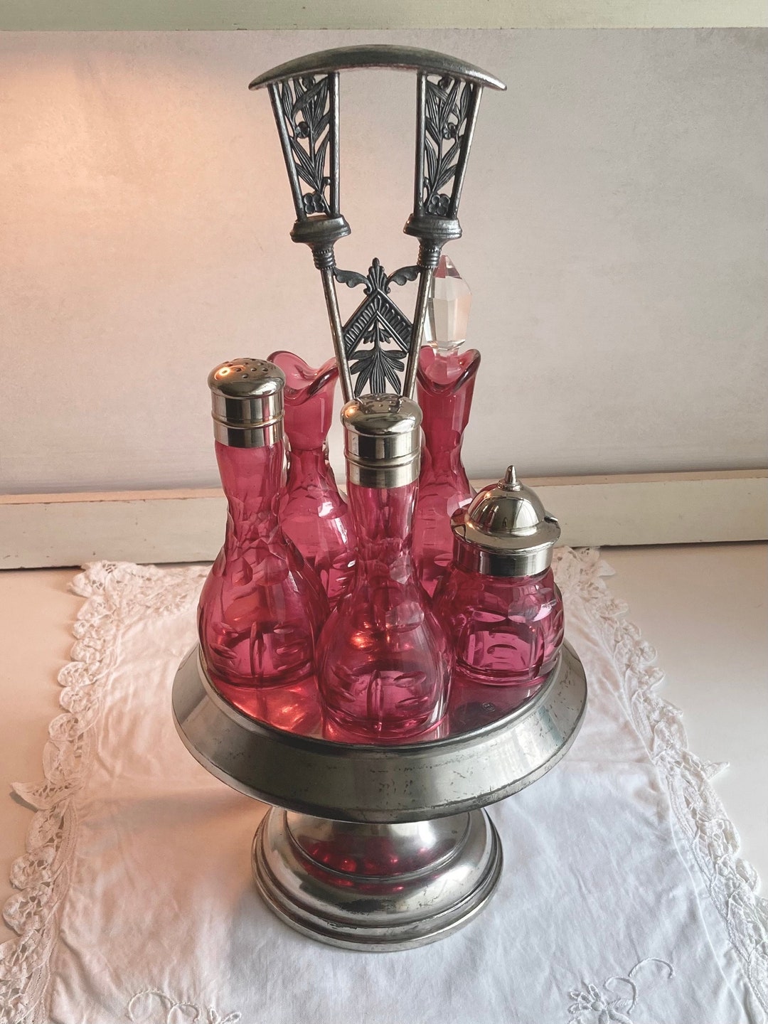 Antique Meriden Silver Plated Cruet Set: Cranberry Thumbprint Glass ...