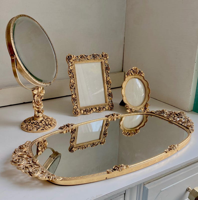 Vintage Matson 1960s Vanity Items, 24k Gold Plated Roses Pattern, Made ...