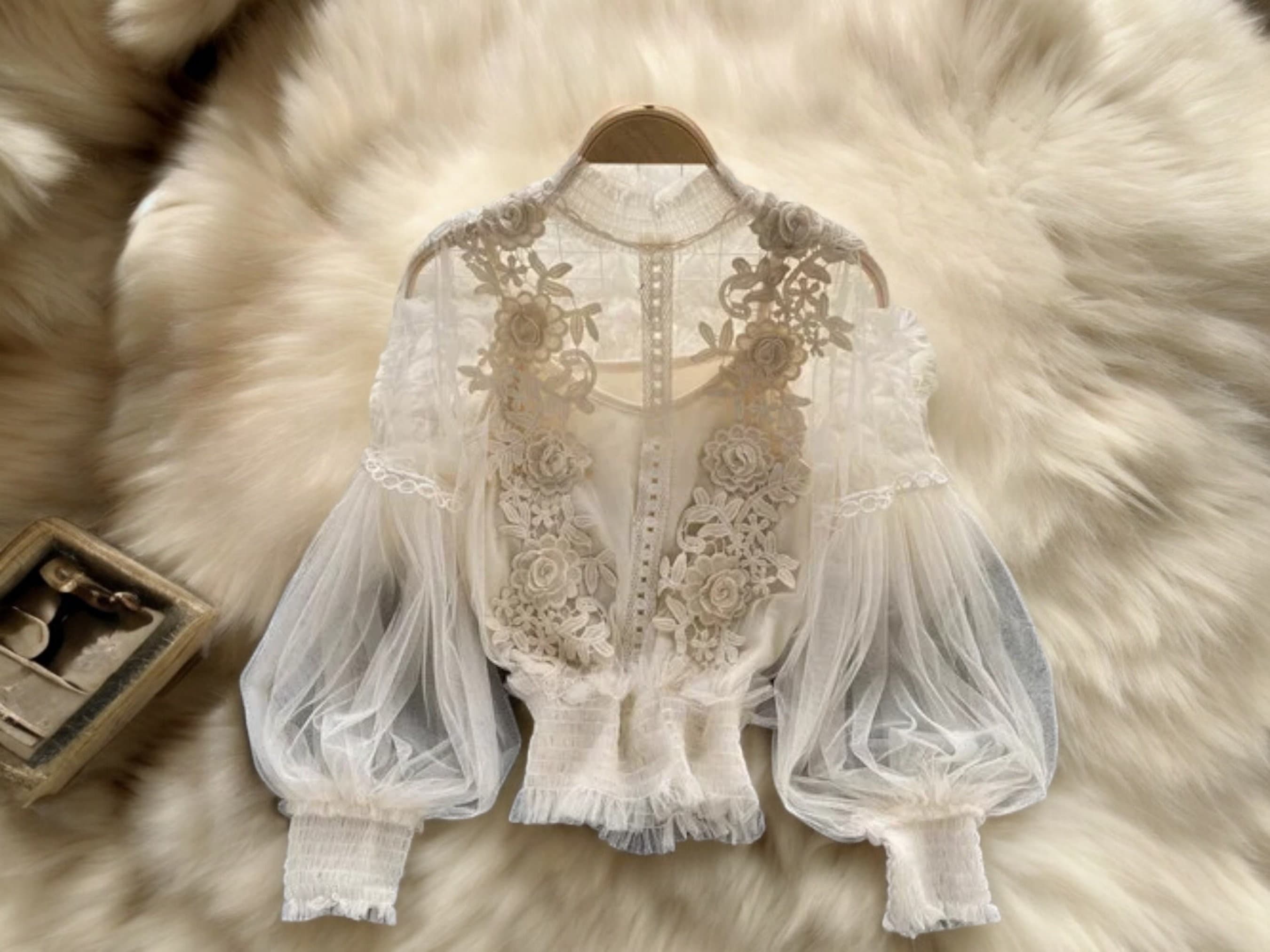 Puff Long Sleeve Blouse See Through Top Party Style Attire Women's ...