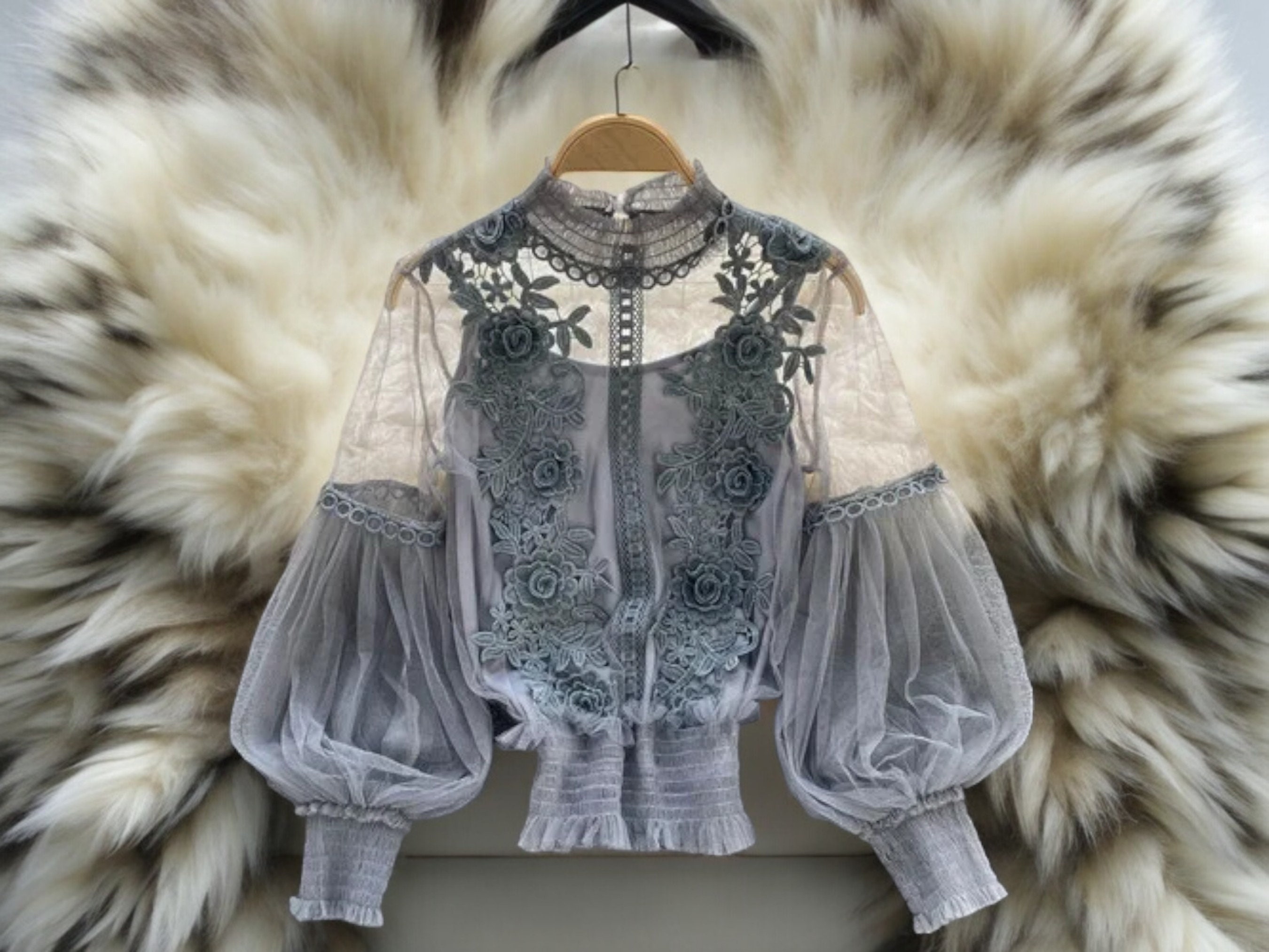 Puff Long Sleeve Blouse See Through Top Party Style Attire Women's ...