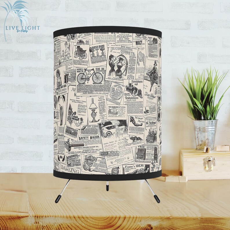 Vintage Newspaper Lamp, Newspaper Print Tripod Lamp, Retro Decor, Old ...
